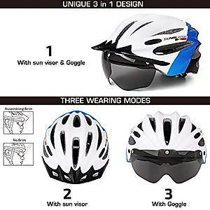ELLOLLA Adult Bike Helmet with Removable Goggles Visor, Adjustable Size Lightweight Bicycle Helmet for Men Women Mountain & Road Cycling (Matt Blue&White)