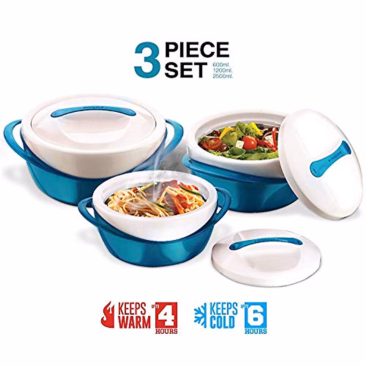 Pinnacle Insulated Casserole Dish with Lid 3 pc. set 2.6/1.25/.6 qt. Elegant Hot Pot Food Warmer/Cooler - Large Thermal Soup/Salad Serving Bowl- Stainless Steel –Best Gift Set for Moms –Holidays Teal