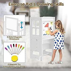 4 in 1 Toddler Kitchen Step Stool, Kitchen Toddler Tower Helper with Whiteboard and Safety Rail, Anti-Slip Protection, Adjustable-Height Kids Learning Standing Tower for Kitchen Counter Bathroom Sink