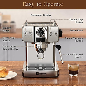 Frossvt Espresso Machine 20 Bar, Milk Frother Steam Wand, 60oz (1.8 Liters) Water Tank, 1350W for Home Barista Espresso Latte Macchiato and Cappuccino Maker