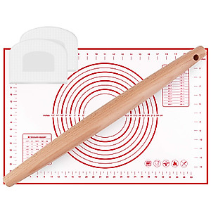 Mixoo Silicone Baking Mat with Wooden Rolling Pin Set - Non-Stick Food Safe Dough Rolling Pastry Mat with a French Rolling Pin and 2 Dough Scrapers for Baking, Fondant, Pie Crust, Pizza, Bread, Cookie