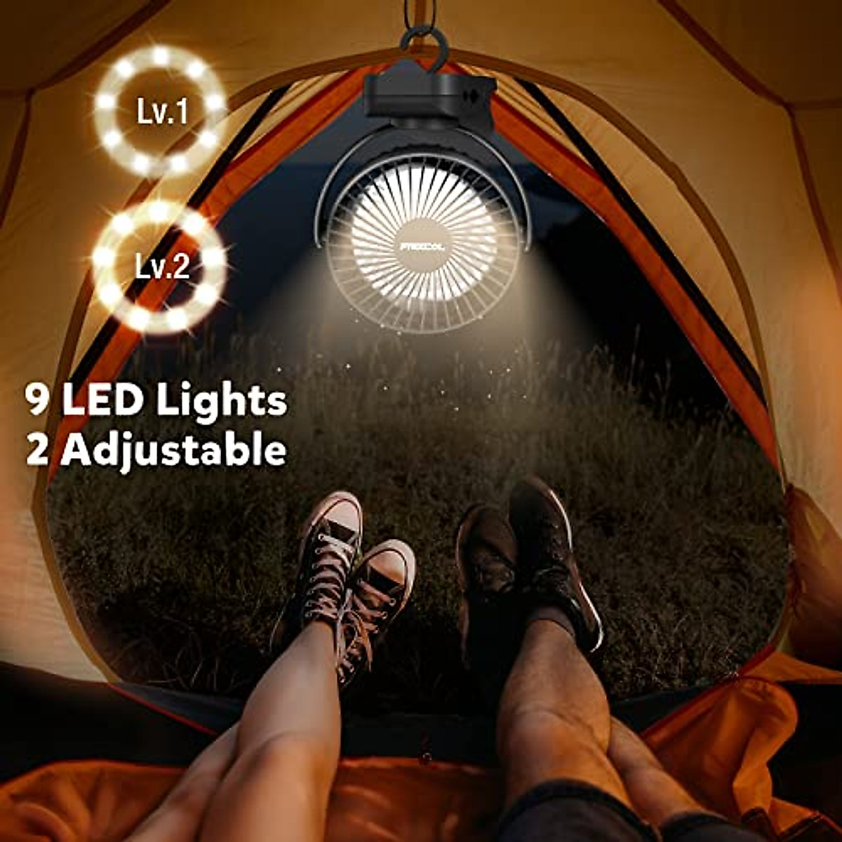 Portable Clip on Fan 65 Working Hours, Camping Fan with LED Lights & Hook, 12000 Capacity Battery Operated Fan with Clamp, USB Rechargeable for Desk, Tent, Treadmill, Stroller, Golf Cart, Home