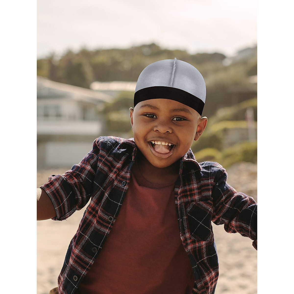 6 Pieces Kids Satin Wave Caps Unisex Baby Beanie 360 Wide Strap Skull Caps(Green, Red, Blue, Yellow, Black, Gray)