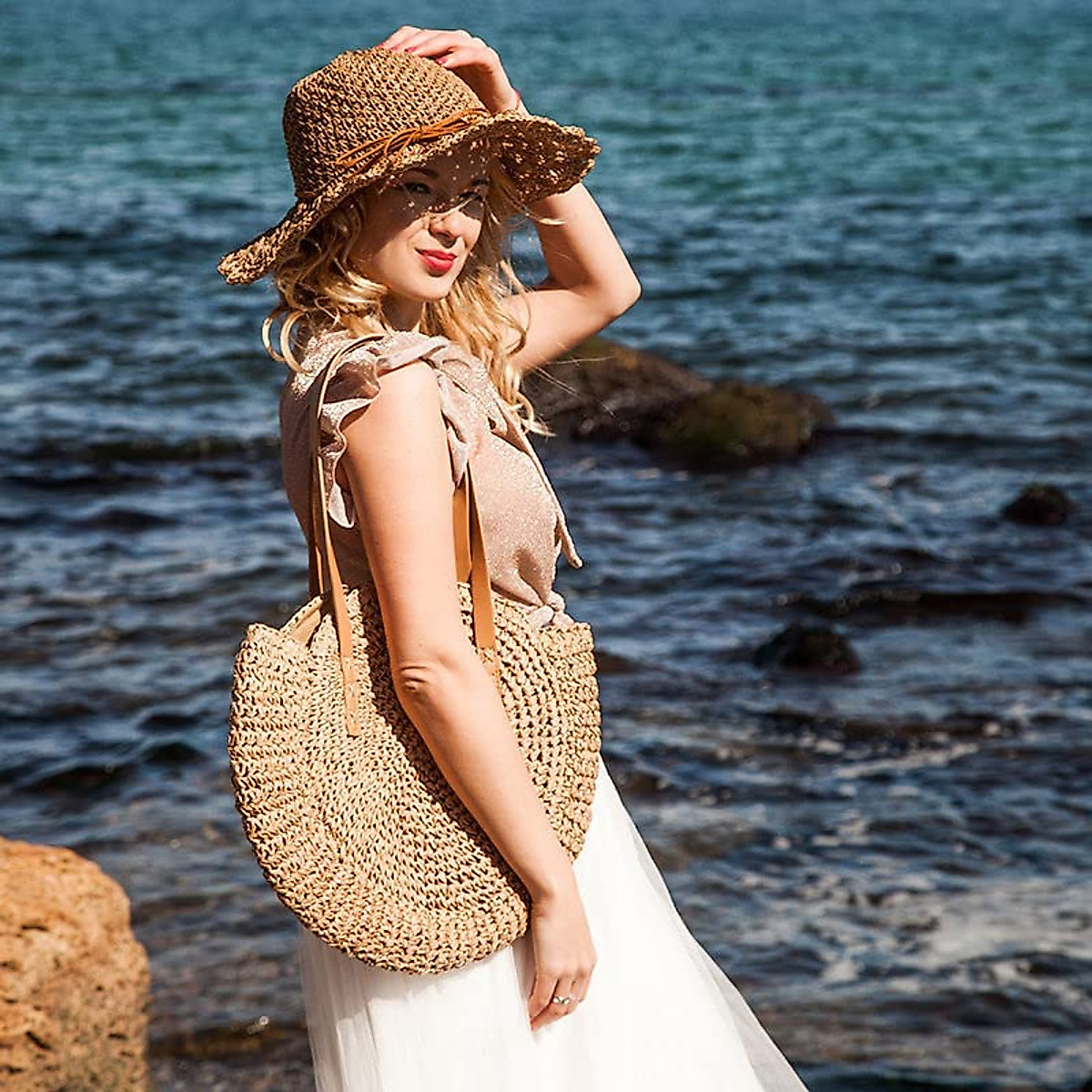 CWCYYDSYY Straw Beach Handbags Summer Handmade Round Corn Woven Shoulder Tote Bohemia Bags Purse for Women(Khaki -1)