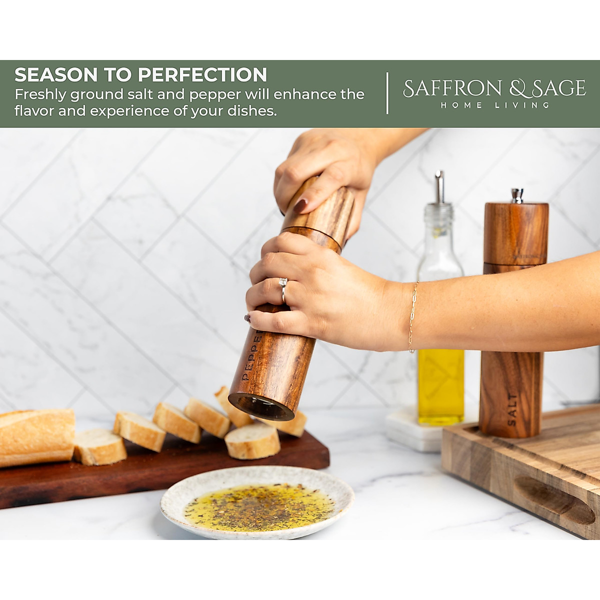 Saffron & Sage Premium Acacia Wood Salt and Pepper Grinder Set of 2-8” Tall Salt and Peppercorn Mill with Adjustable Coarse Settings, Rust Resistant, Smooth and Quality Grinding Mechanism