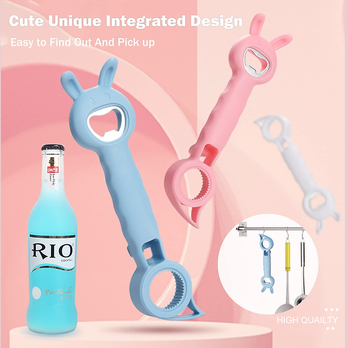 FFUWERG Bottle Opener Can Opener Jar Opener for Weak Hands, Cute 4-in-1 Multi Function Beer Opener for Seniors with Arthritis/Child Gift(Pink)