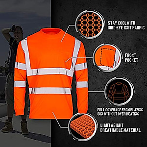SuNi Apparel High Visibility Shirts for Men - Long Sleeve Construction Hi Vis Reflective Safety Shirts for Men Yellow Orange (XL, Black)