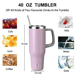 40 oz Insulated Tumbler with Handle, Stainless Steel Straw and silicone sleeves, Leakproof Travel Mug for Water, Iced Tea or Coffee, Insulated Cup Gifts for Women & Men, Purple