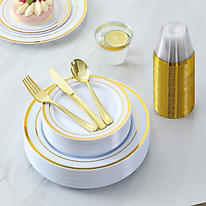 600 Pieces Gold Plastic Dinnerware for 100 Guests, Disposable Plastic Plates for Party Wedding Birthday, Includes 100 Dinner Plates, 100 Salad Plates, 100 Spoons, 100 Forks, 100 Knives, 100 Cups