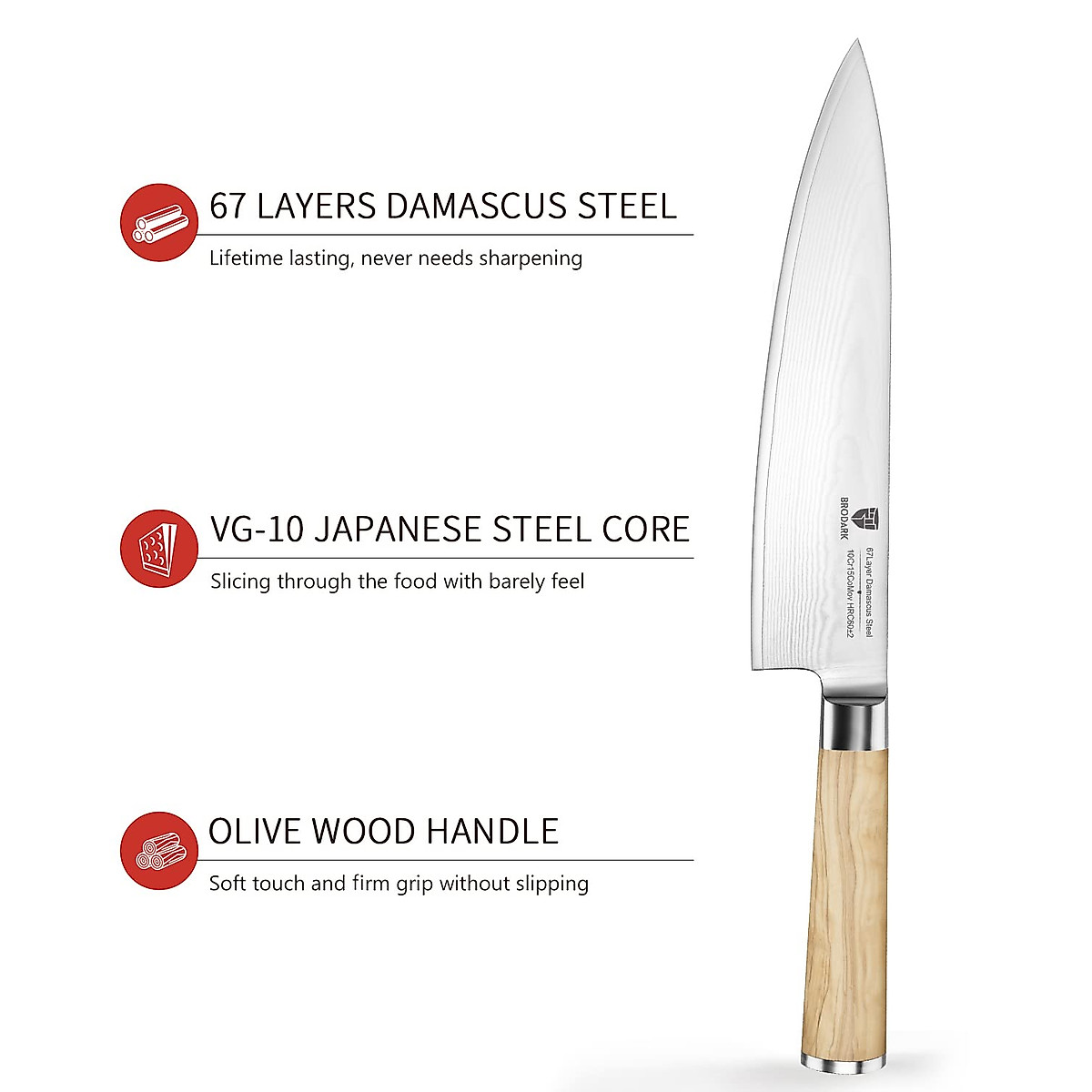 BRODARK Japanese Chef Knife, Damascus Chef Knife VG10 Steel Core 8 Inch with Olive Wood Handle, High Carbon Stainless Steel Kitchen Knife, Superb Edge Retention