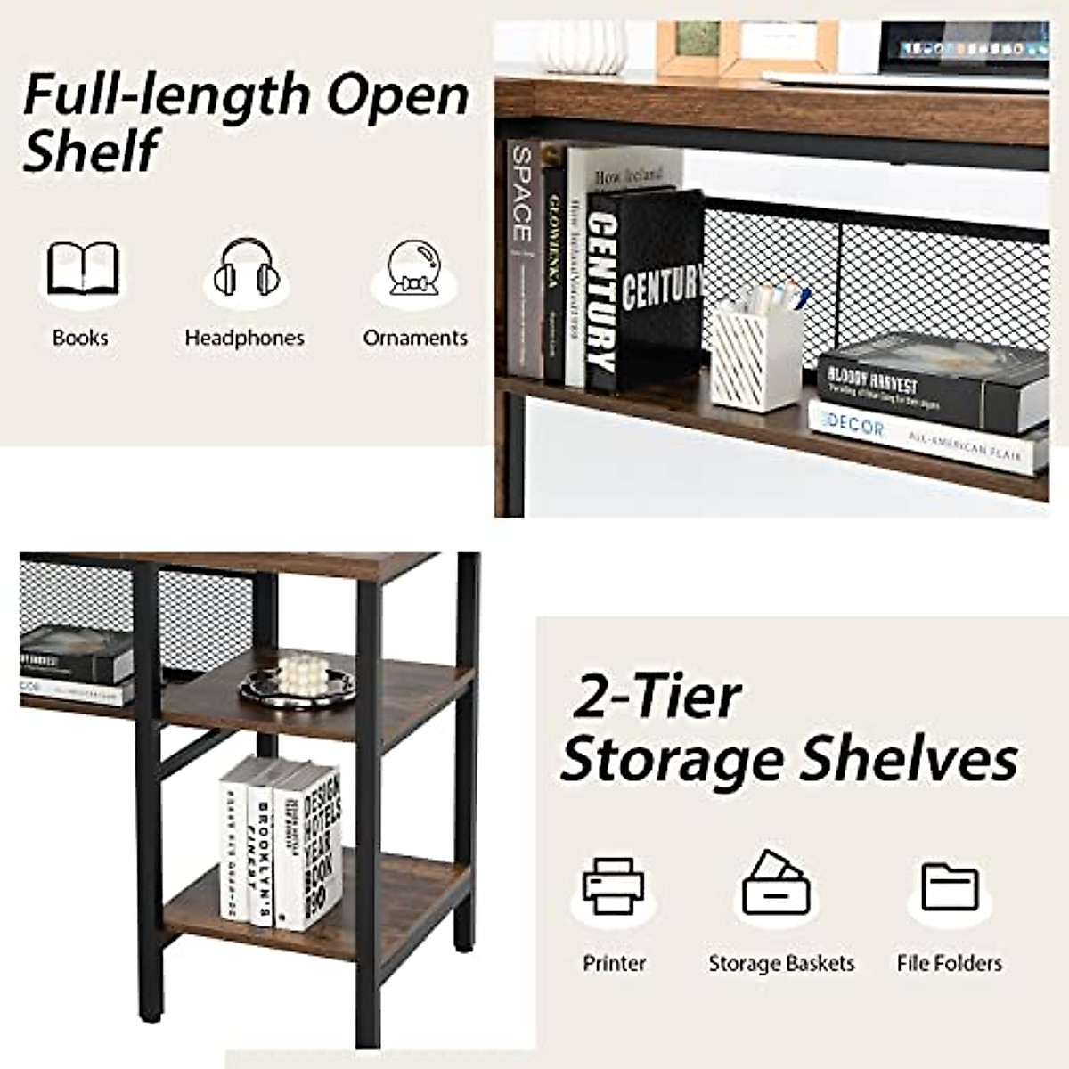 Tangkula L-shaped Office Desk, 59 Inch Large Corner Desk, Full-length Open Shelf & 2-Tier Side Shelves, Home Office Desk, Writing Desk Computer Workstation for Working, Studying, Gaming (Rustic Brown)