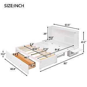 CJLMN Modern Queen Size Murphy Bed with Storage Drawer and Little Shelves on Each Side,Solid Wood Foldable Platform Bed Frame can Convert to Cabinet,Space Saving Design