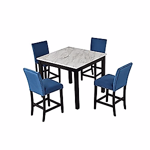 SZUBEE 4 5-Piece Counter Height Set with One Faux Marble Dining Table and Four Upholstered-Seat Chairs for Kitchen, Blue