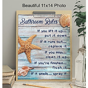 Nautical Rustic Bathroom Decor - LARGE 11x14 - Coastal Beach House Bathroom Rules Wall Art - Starfish, Seashells Restroom Sign, Bath Art - Ocean, Sea House Powder Room Art - Shabby Chic Gift