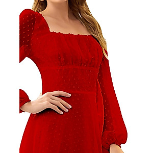 LYANER Women's Polka Dots Square Neck A line Long Sleeve Swiss Dots Mini Dress Red Small