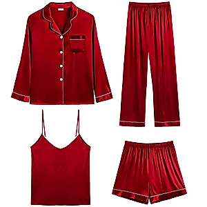 SWOMOG Womens 4pcs Pajamas Sets Silk Satin Pjs Sexy Cami Shorts Set Button Down Long Sleeve Sleepwear Loungewear, Red Medium