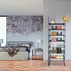 FIDUCIAL HOME: Simple Shoe Rack Organizer, 8-Tiers Stackable with side Hooks for Entryway, 16-20 Pairs Metal Shoe Shelve, Black