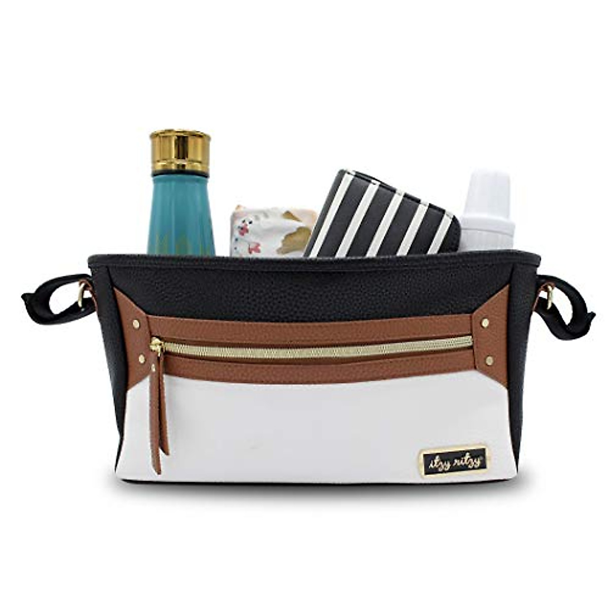 Itzy Ritzy Adjustable Stroller Caddy / Organizer Featuring Two Built-in Front Zippered Pocket and Adjustable Straps to Fit Nearly Any Stroller, Coffee and Cream
