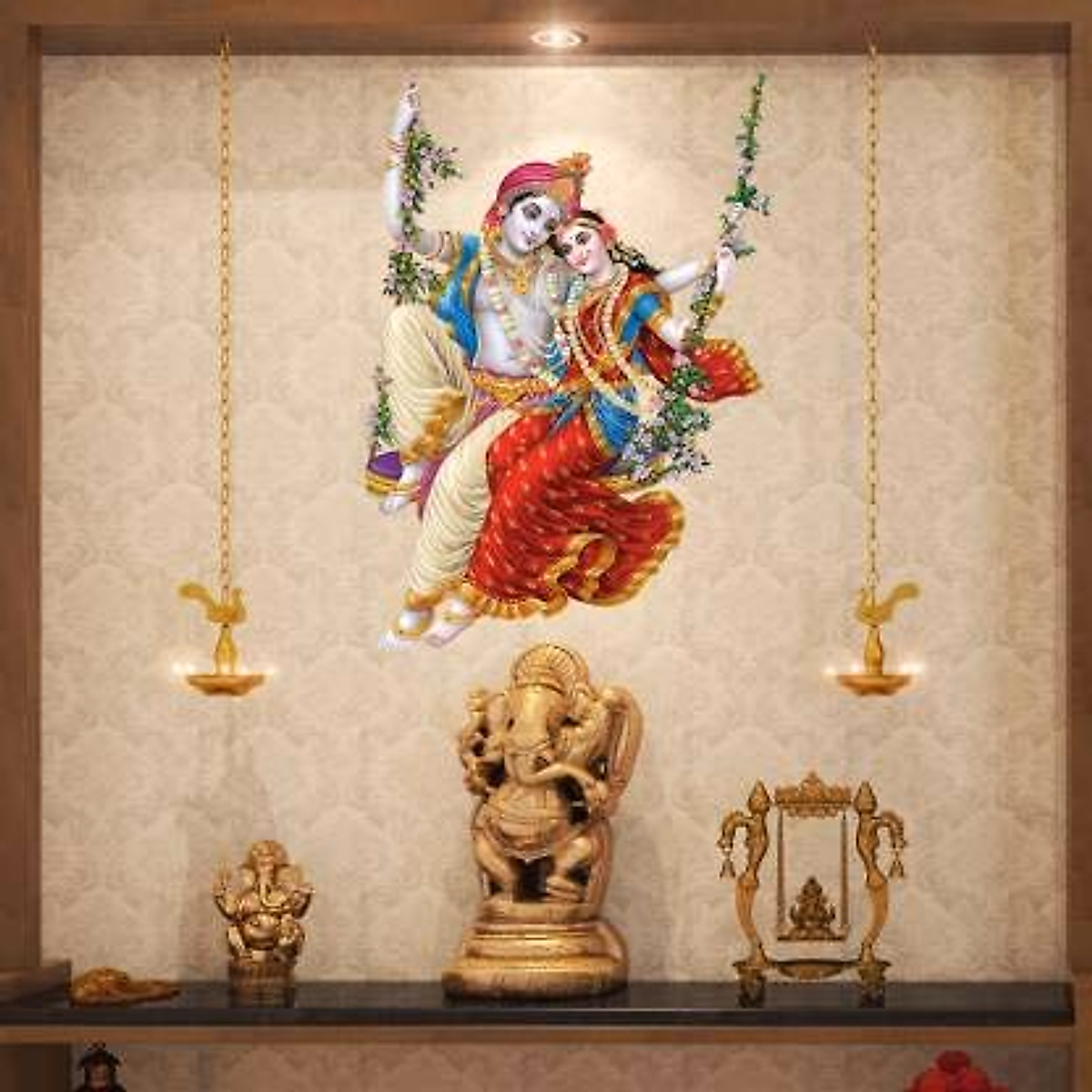 Rangoli Wall Sticker Print Radha Krishna Jhula Love On White Glossy Vinyl with Strong Gumming and 50x70 cm