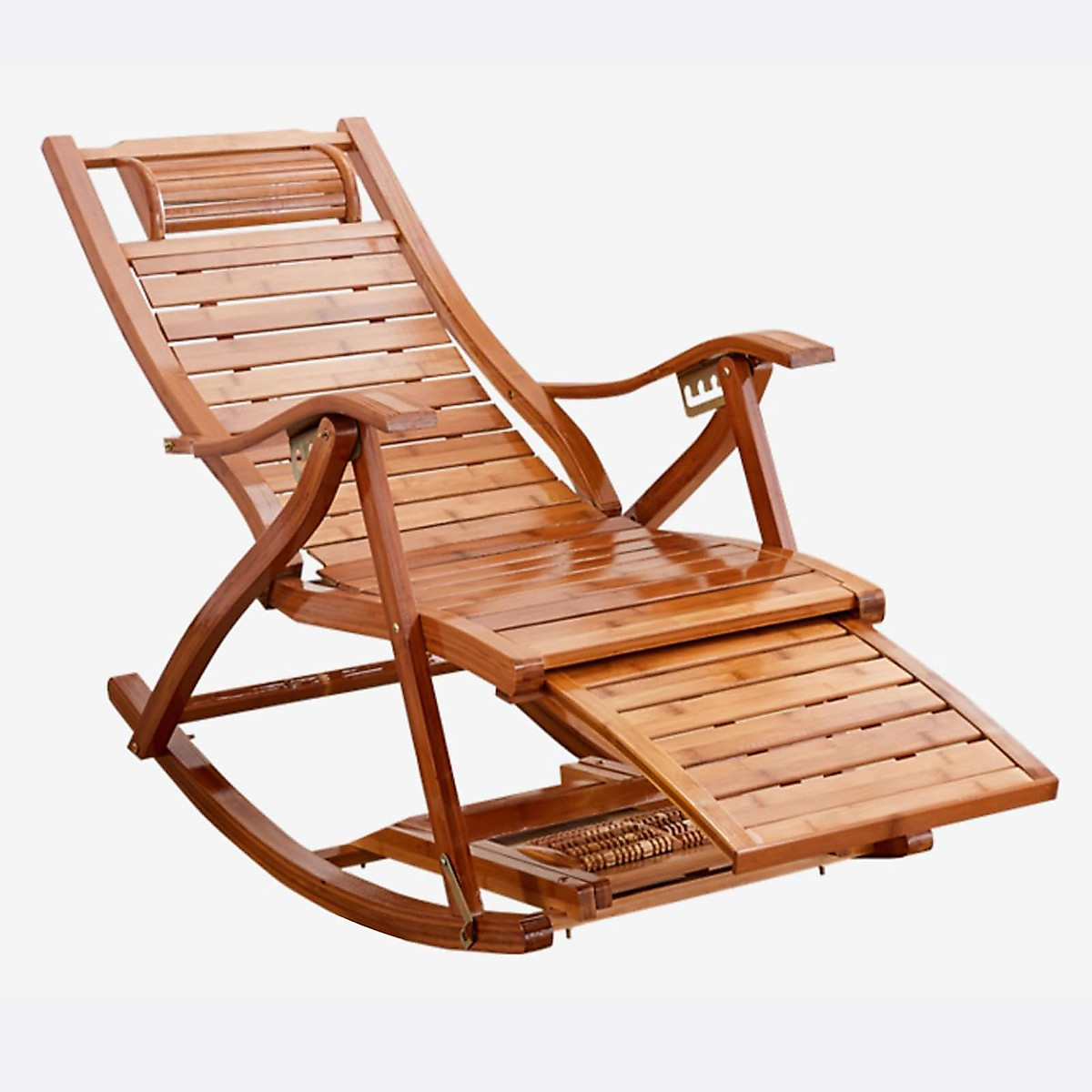 LOERSS Foldable Rocking Chair,Garden Deck Chairs for Elderly,Bamboo Chair,Foldable Recliner,Outdoor Rocking Chair,Garden Chair,with Headrest Pillow and Foot Massage Board