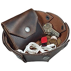 Hide & Drink, Thick Leather Catchall Circular Valet Tray, Dice Holder, Cash Holder, Key Organizer, Home and Office Accessories, Handmade Includes 101 Year Warranty :: Bourbon Brown