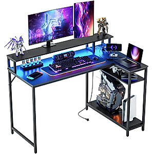 WASAGUN Gaming Desk,40 Inch L Shaped Desk with LED Lights&Power Outlets,Office Desk with Storage Shelves,Small Corner Computer Desk for Bedroom,Carbon Fiber Surface,Black Table