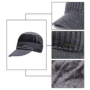 YOYEAH Men's Outdoor Newsboy Hat Winter Warm Thick Knit Beanie Cap Fleece Lined Skull Ski Cap with Visor Blue