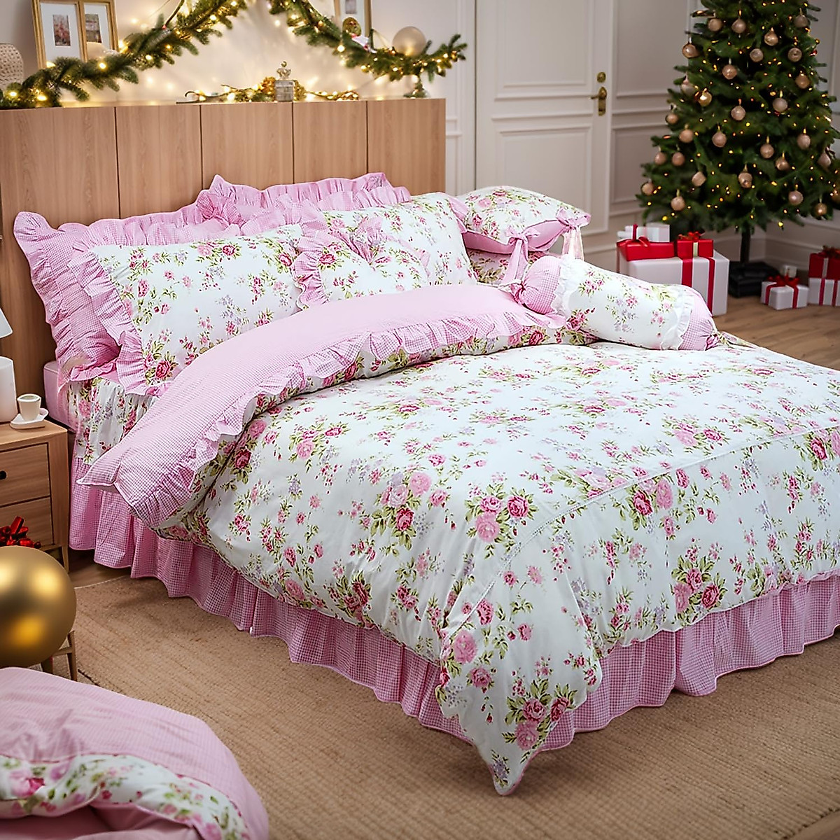 FADFAY Shabby Pink Duvet Cover Set Rose Floral Bedding Collection Elegant Princess Lace Ruffle Quilt Cover Set for Girls 4 Pieces Full Size