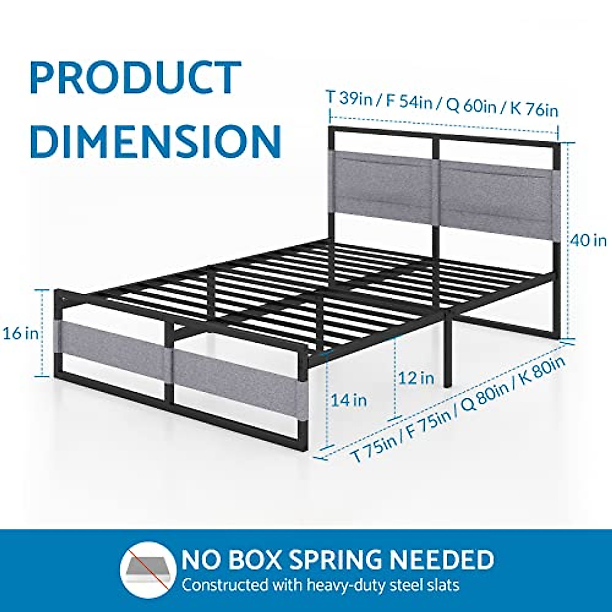 LIFERECORD Queen Metal Platform Bed Frame with Headboard and Pocket, Heavy Duty Steel Slat Bed No Box Spring Needed Noise Free Modern