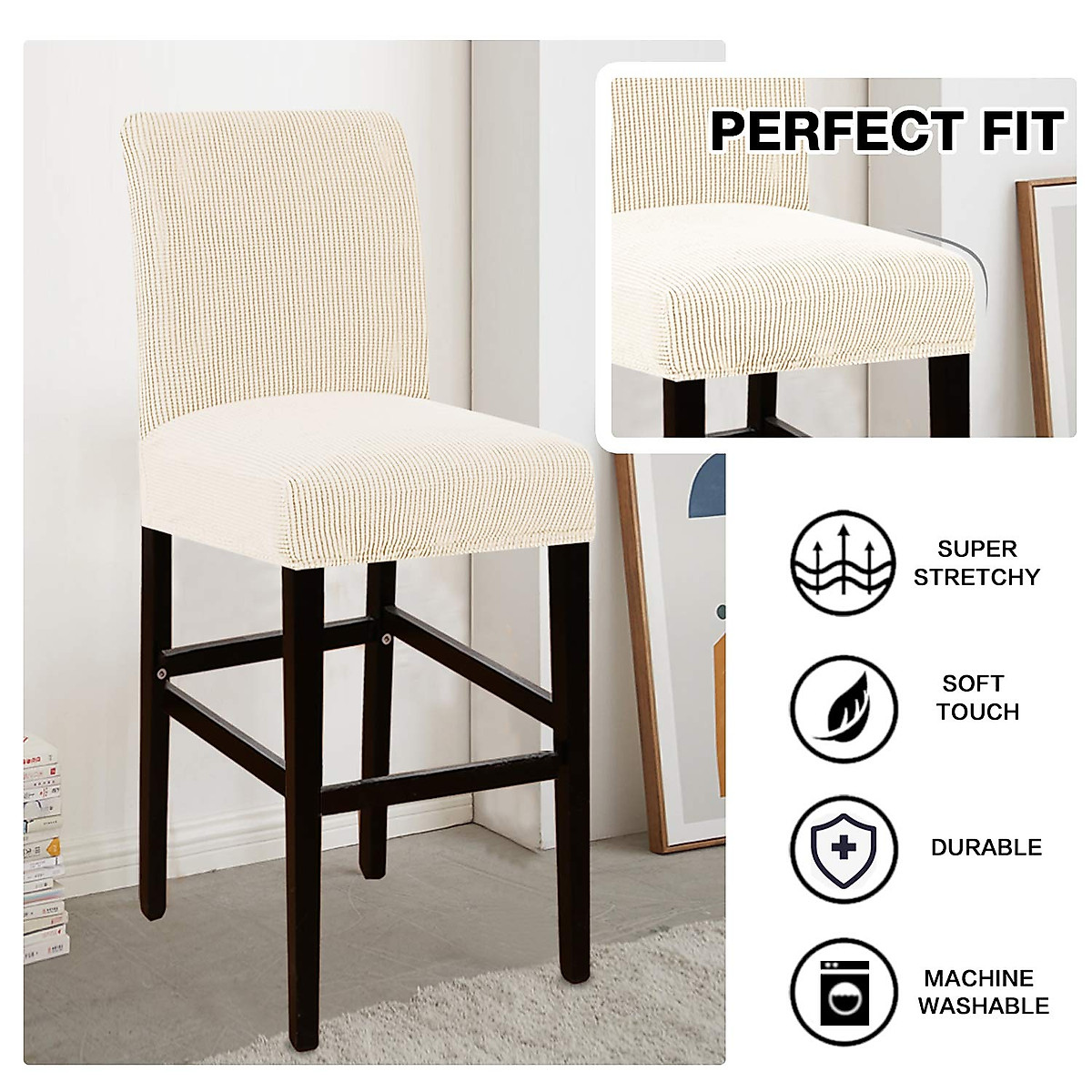 Flamingo P Stool Covers Dining Chair Covers Stretch Jacquard Fabric Chair Slipcover with Elastic Bottom Removable Washable Chair Protector Chair Cover Set of 2, Biscotti Beige