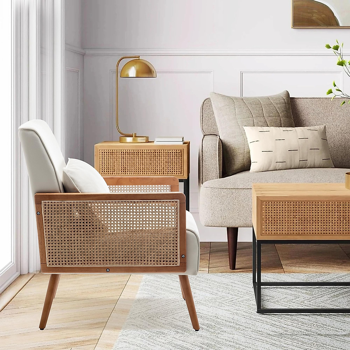 Mid Century Rattan Accent Chair Set of 2, Wooden Upholstered Leisure Armchair with Rattan Armrest, Modern Comfy Reading Accent Chair, for Living Room Bedroom Lounge Side Boho Club Chair, Beige