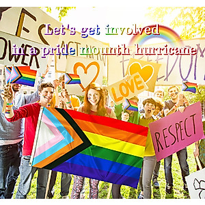 Abitoncc 91Pcs Gay Pride Accessories Stuff Set - Progress Pride Flag 3x5 Outdoor 24 Pack Mini Hand Held Small Pride Flags 24Pcs Pride Wristband Temporary Pride Tattoo Stickers Pride Stuff for Pride Month Outdoor Celebration Gay Progress Pride Party Favors