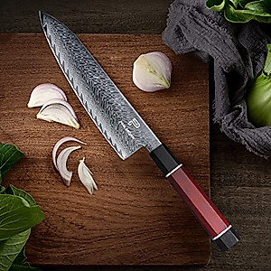 Paul Brown's™ 8 inch Professional AUS-10 Damascus 67 Layers Steel Kitchen Chef Knife with wooden handle Pine wood gift box and leather sheath