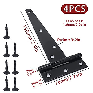 Joyangy 4pcs 6inch Black Heavy Duty T-Strap Gate Door Hinges, Outdoor Gate Hinge, Heavy Duty Gate Hinges for Wooden Fences Barn Door Shed Door Hardware