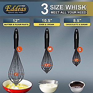 Silicone Whisk, Eddeas Stainless Steel & Silicone Non-Stick Coated Whisks set of 3--Heat Resistant Kitchen Whisks, Balloon Egg Beater Perfect for Blending, Whisking, Beating & Stirring, Black