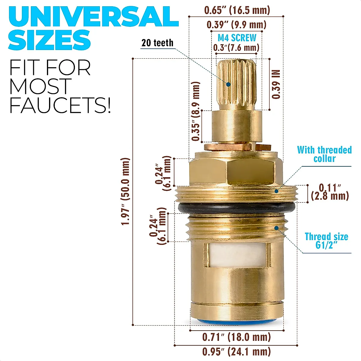 Brass Bathroom Sink Faucet Valve Stem - 2Pcs Hot and Cold Ceramic Disc Stem Quarter Turn 1/2,50mm x 10mm Spline Length 20 Teeth Bathroom Faucet Cartridge Replacement - Bathroom Faucet Stem Replacement