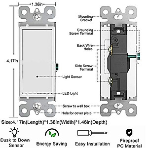4 Pack Illuminated Light Switch, Decora Paddle Rocker Light Switch with LED Night Light, Automatic On/Off Sensor, Single Pole, 15Amp 120/277Volt, White