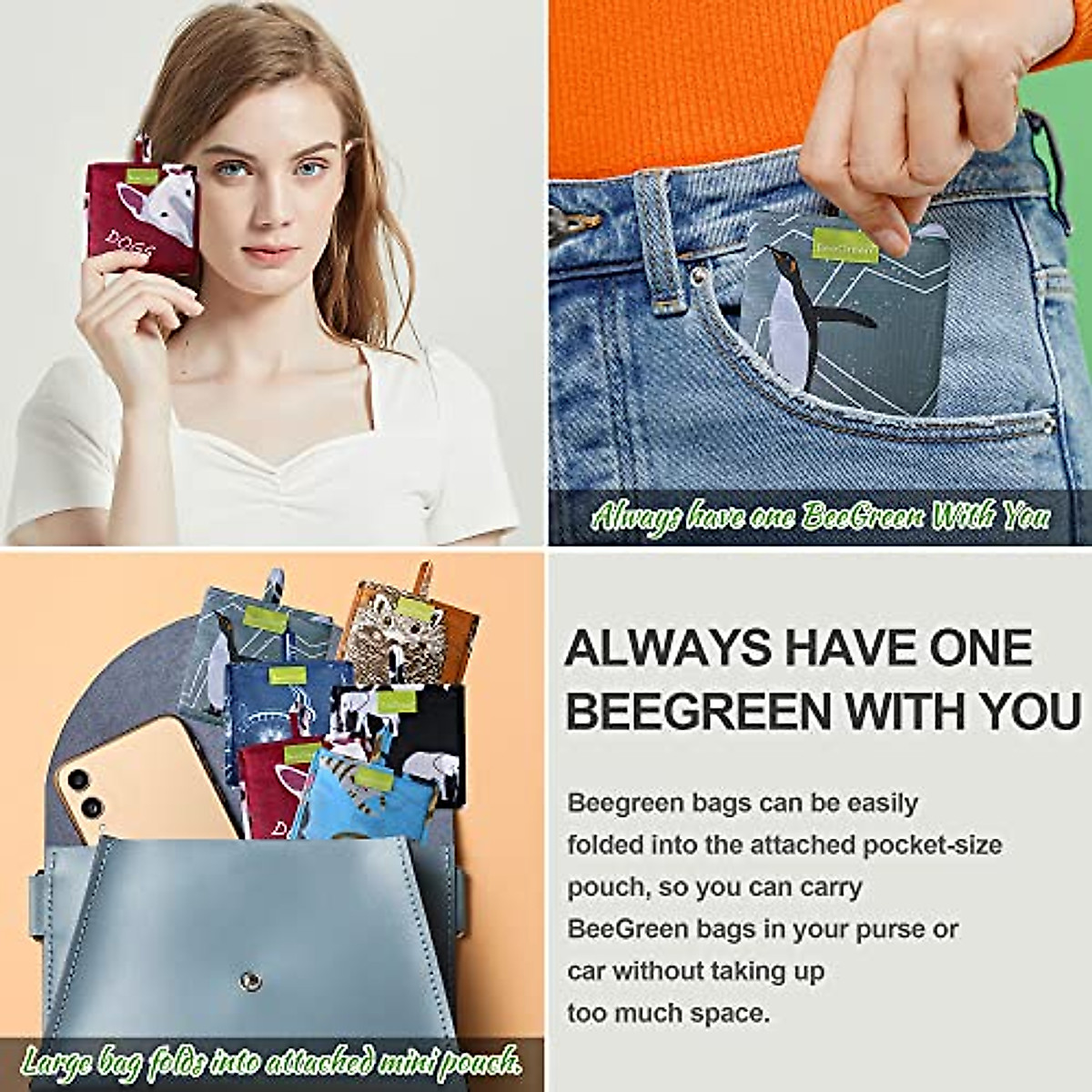 BeeGreen Reusable Grocery Bags Foldable 6 Pack Shopping Bags Large 50LBS Cute Groceries Bags w Pouch Bulk Ripstop Watertight Machine Washable Nylon Compact Elephant Hedgehog Cat Turtle Dog Penguin