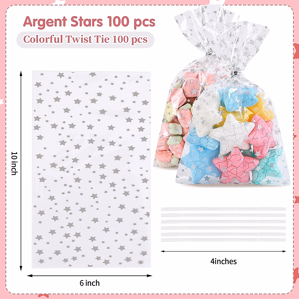 LEOSINDA 100 pcs Clear 6"X 10" Flat Gift Wrap Cellophane Bags Cello Bags Cookie Bags Treat Bags with Twist Ties Poly Bag 1.3 mil for Bakery, Cookie, Candies Silver Star Printed
