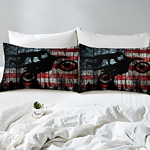 Homewish American Flag Duvet Cover Set Queen Size Boys Dirt Bike Racing Motocross Rider Rustic Farmhouse Wooden Comforter Retro Black Pine Tree Silhouette Quilt 3pcs, 90''x90'', (ZZRS261ZMD-TJ_USq)
