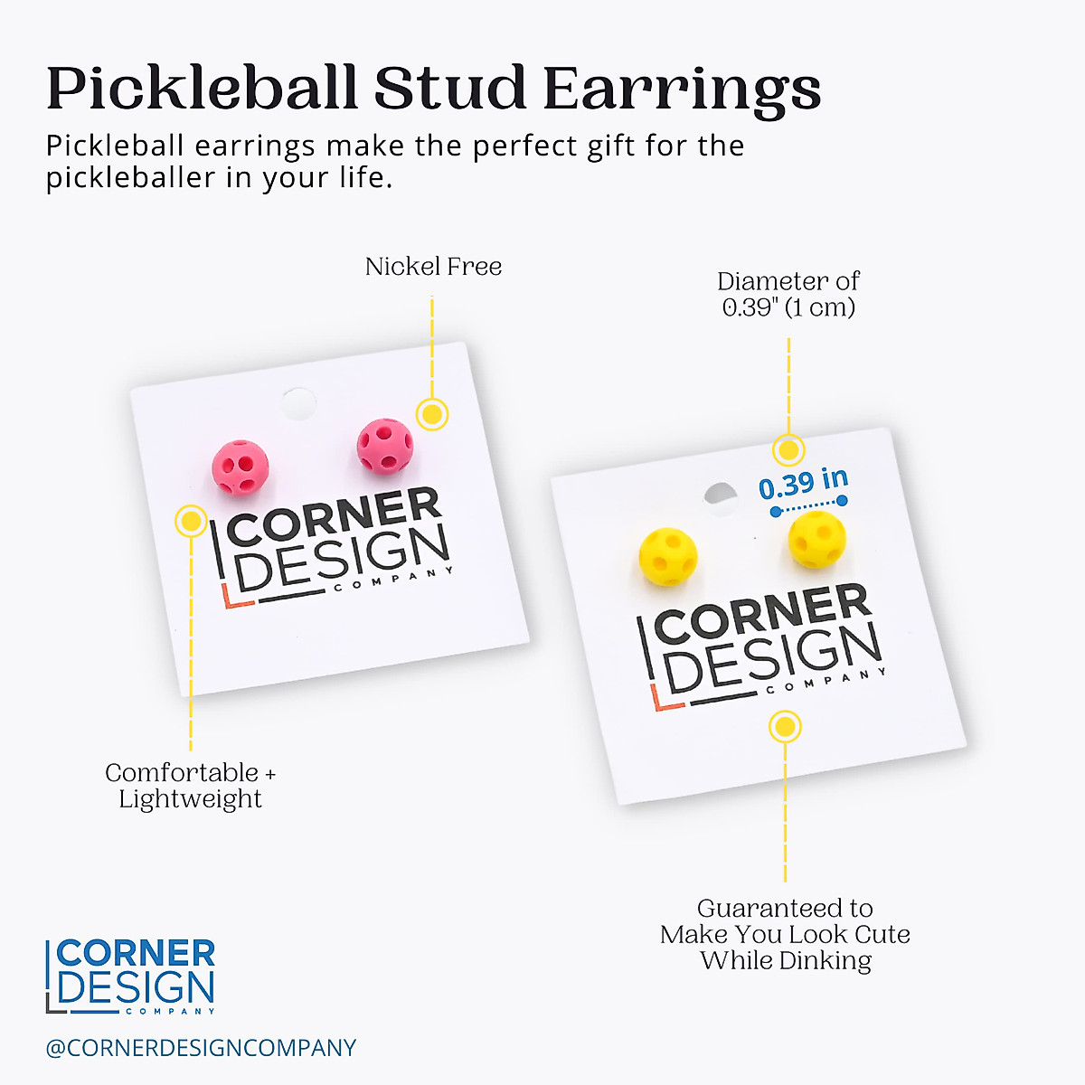 Mini pickleball earrings - hook and dangle style, 1cm (.36in) diameter ball, great pickleball accessory
