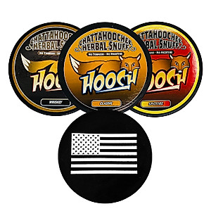 Hooch Herbal Snuff 3 Can Variety Sampler (Whiskey, Classic, and Spitfire) Fine Cut with DC Crafts Nation Skin Can Cover - US Flag