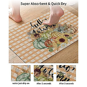 Bathroom Floor Shower Mat, Non-Slip Small Rugs - Easy to Clean, Hello Autumn Thanksgiving Pumpkin Sunflower Daisy Pattern Durable Bath Rug 20"x32" Washable Quick Dry Mats for Bathtubs