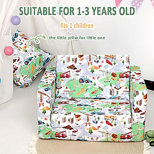 CARUILI Toddler Couch Chair, 2-in-1 Soft Kids Couch Bed Fold Out with Pillow, Convertible Kids Sofa to Lounger for Girls and Boys 1-3 Years, Assembling Toddler Chairs Comfy, Green