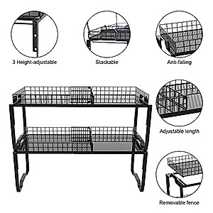 JKsmart Expandable Cabinet Shelf Organizers, Stackable Kitchen Countertop Shelves with Removable Fence, Cupboard Stand Storage Shelves Height and Length Adjustable, 2-tier Spice Rack