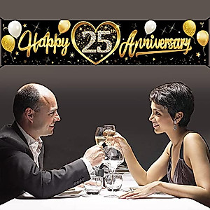 Kauayurk Happy 25th Wedding Anniversary Banner Decorations, Black Gold 25th Anniversary Sign Party Supplies, 25th Wedding Anniversary Decor Photo Booth for Outdoor Indoor