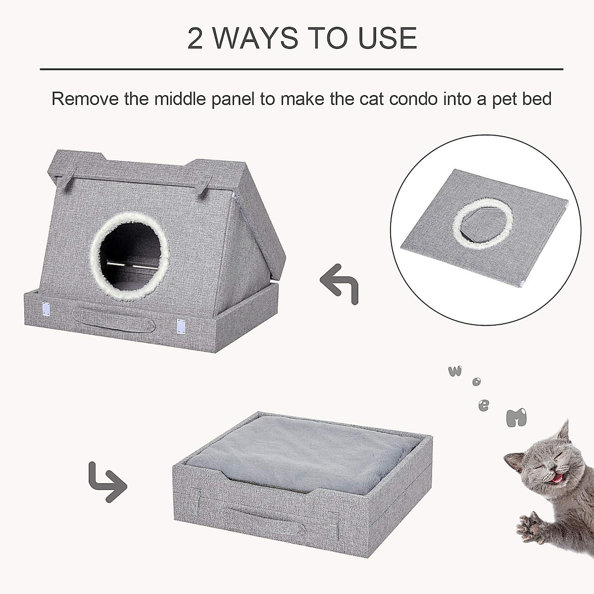 PawHut Cat House Foldable 2 in 1 Design Condo Pet Bed with Removable Washable Cushions Scratching Pad, Grey