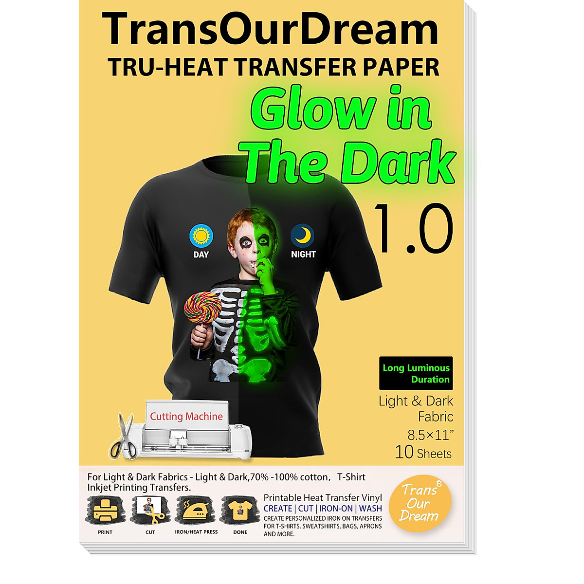 TransOurDream Heat Transfer Paper for Dark T Shirts (10 Sheets, 8.5x11'') GLOW IN THE DARK Iron on Transfers Paper Printable Heat Transfer Vinyl for Inkjet Printer