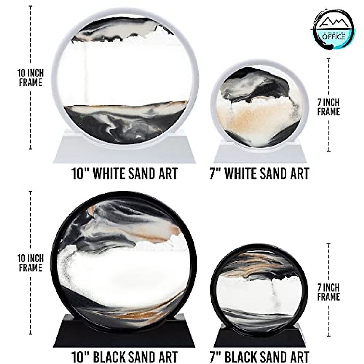 A Mindful Office Moving Sand Art Decor (10 Inch) - Perpetual Motion Desk Toy Brings Uniquely Relaxing Vibe to Your Home Round Glass Frame with Black, White and Gold Liquid sandart12inchbwg 12 Inch