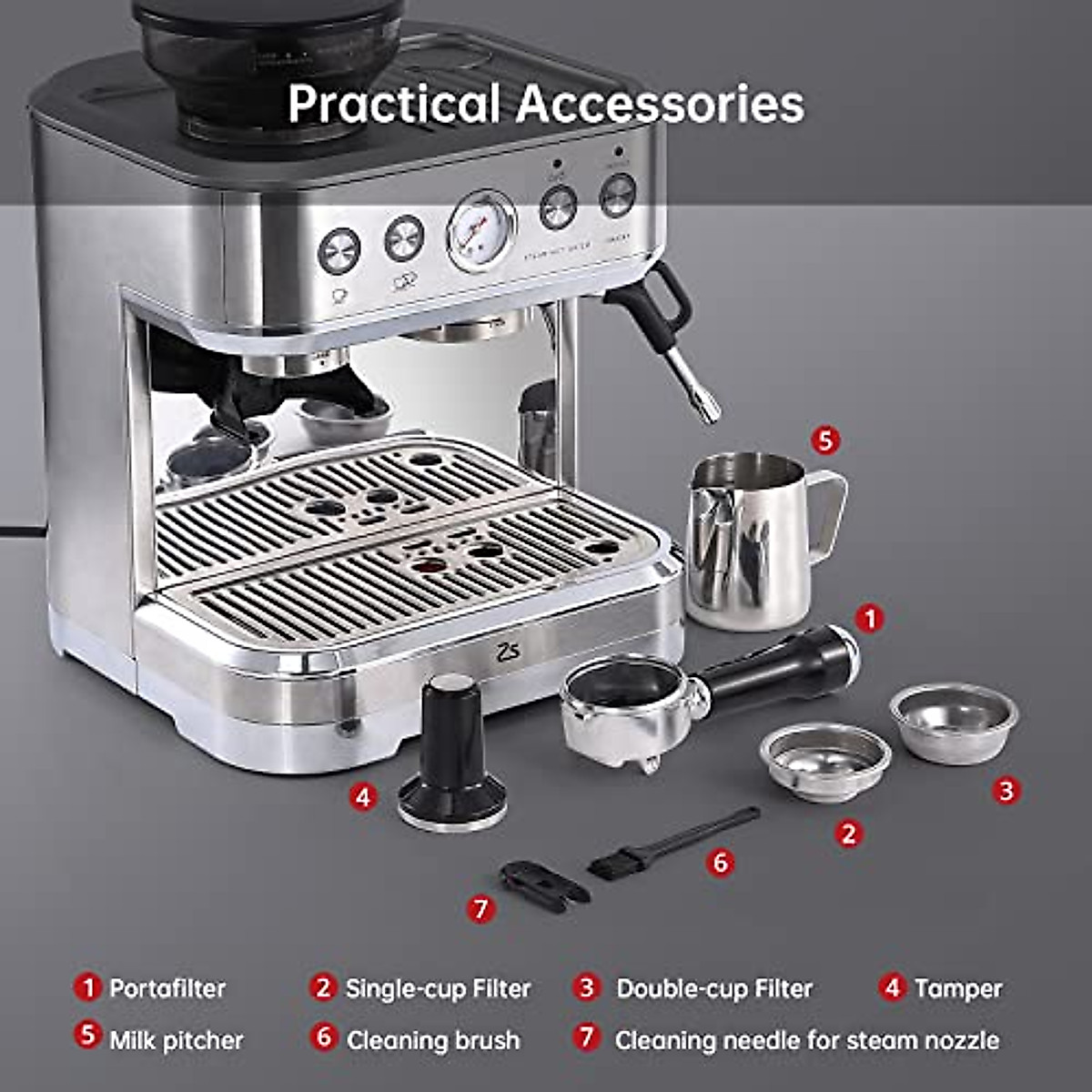 Zstar Espresso Machine with Milk Frother and Grinder, 15 Bar Automatic Espresso Coffee Machine All In One Coffee Maker with Italian ULKA Pump, 2.5L Water Tank, Brushed Stainless Steel for Home Office